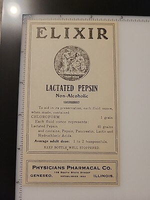 Antique Medicine Bottle Label 3x5" ELIXIRLACTATED PEPSIN CHLOROFORM ...
