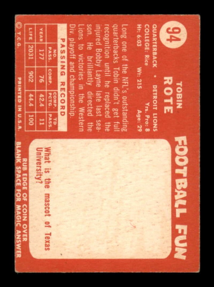 1958 Topps #94 Tobin Rote G Lions 557049 | eBay