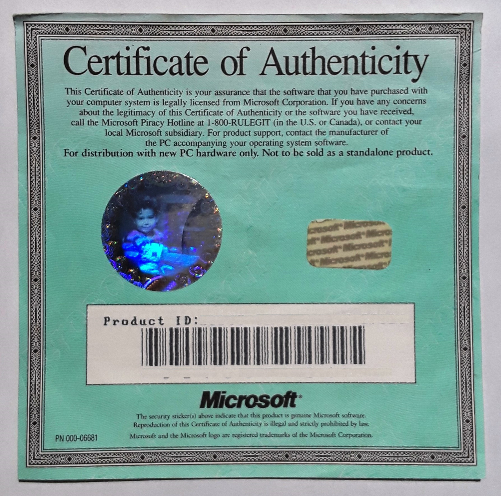 Microsoft Windows 95 ~Certificate of Authenticity w/ Product Key Only ...