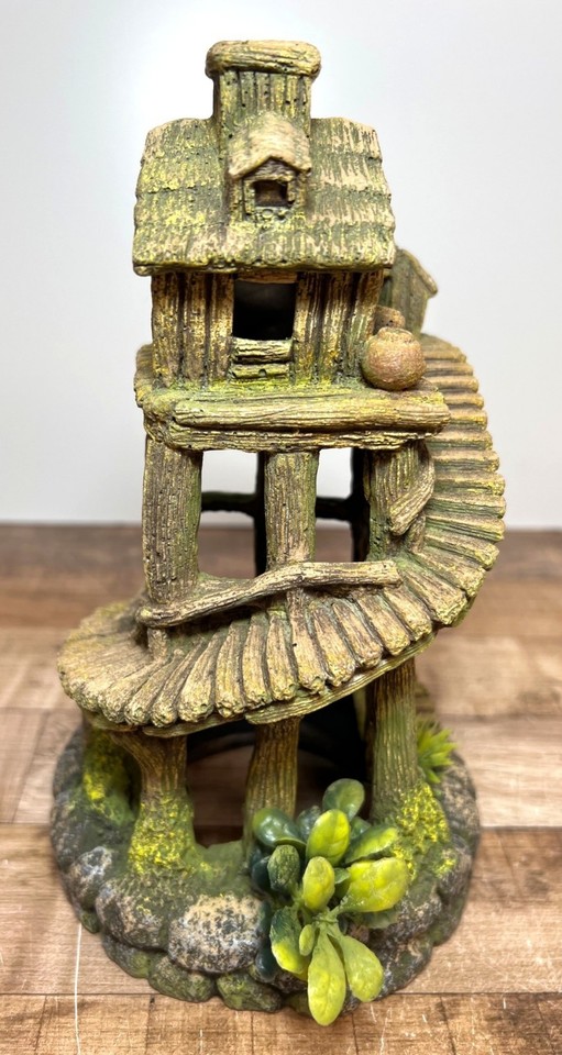 Rustic Wooden Fish Tank House Figurine Spiral Staircase Moss Accents ...