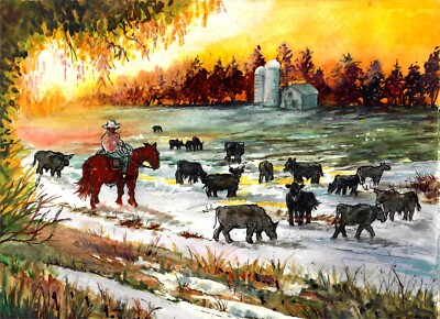 Cowboy And Angus Cattle, Cowboy Art Print, Country Art, Western Art ...