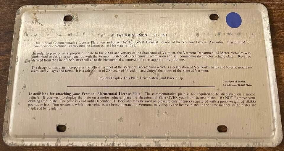 1791 1991 Vermont Bicentennial Booster License Plate | eBay