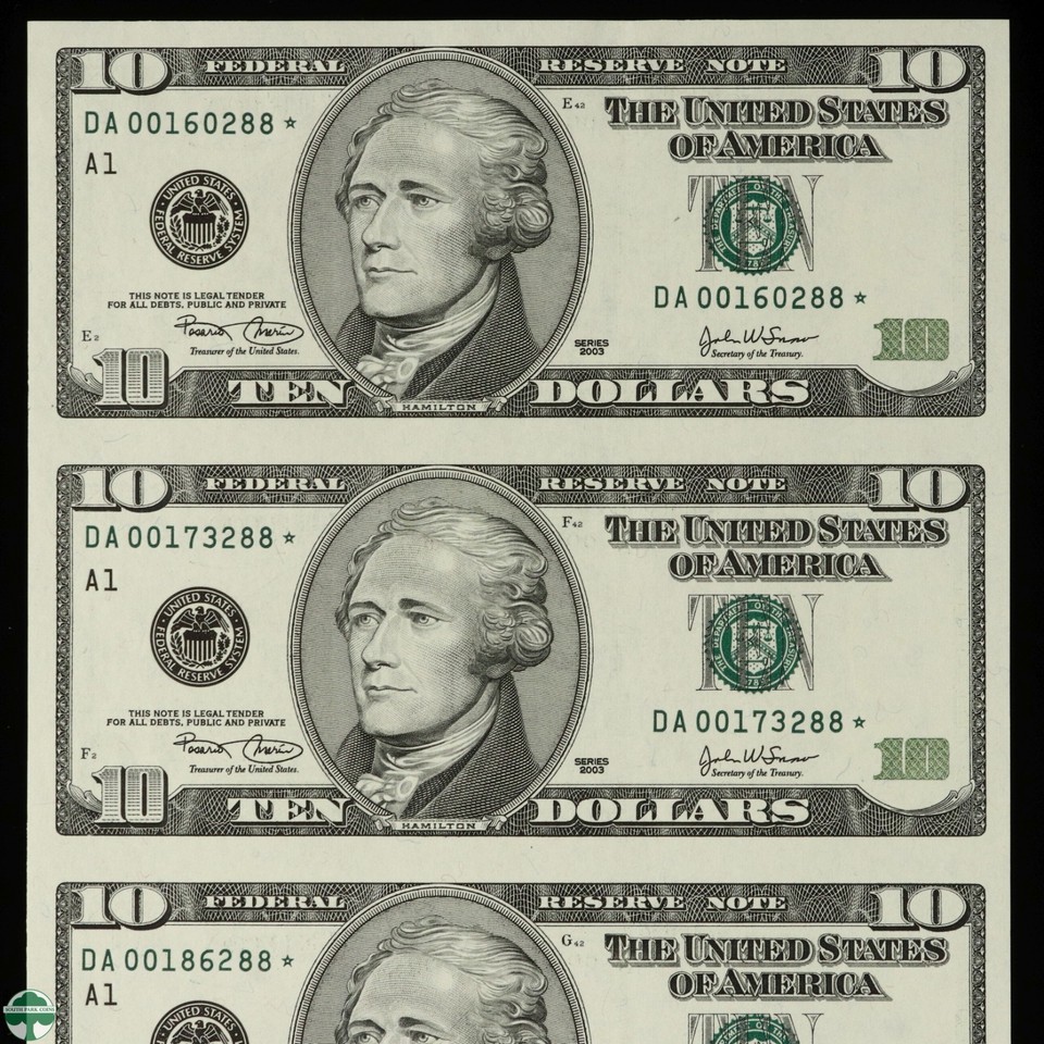 Sheet of 4 Notes Series of 2003 $10 Star Notes FRA Boston SN 00160288 ...
