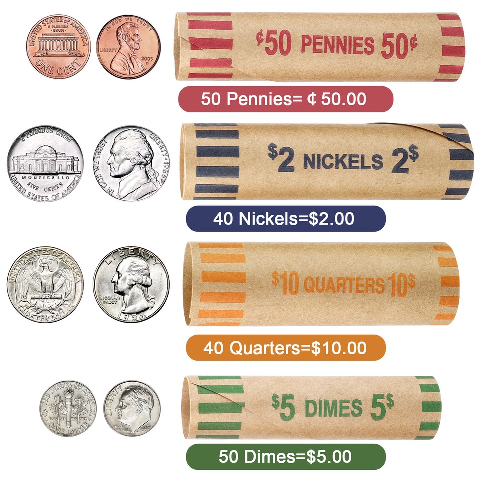 128pcs Assorted Preformed Coin Wrappers Rolls, Change Paper Rolls ...