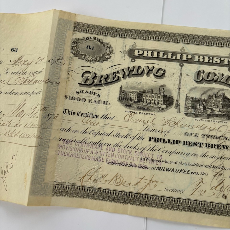 1873 Emil Schandein Issued - Signed Fred Pabst - Phillip Best Brewing ...