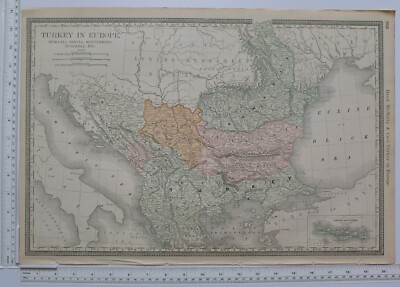 1890 ORIGINAL MAP TURKEY IN EUROPE RUMANIA BULGARIA SERVIA BOSNIA CRETE ...