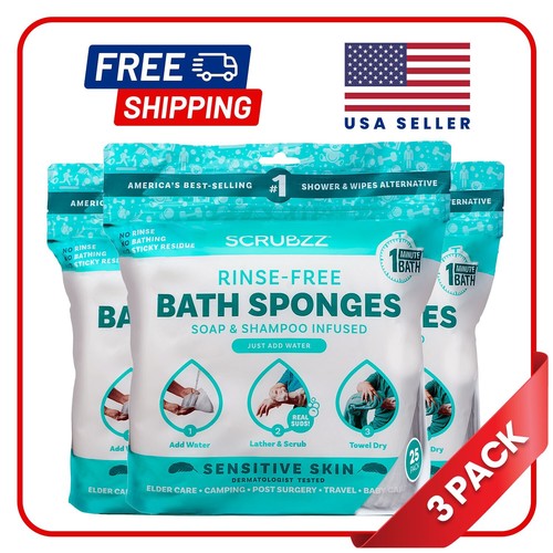 Scrubzz Disposable Rinse Free Bathing Sponges - Sensitive Skin, 75 ...