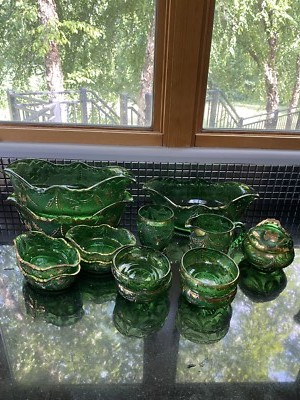 ANTIQUE U.S. Glass EAPG Delaware Emerald Green W/Gold Glass Dish SET(14 ...