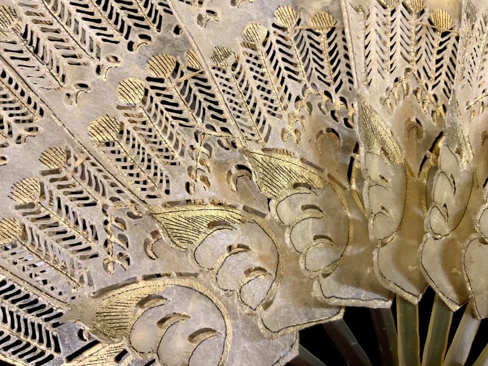 Antique Lady’s Fan Pierced Vellum Gold “Monture” Gilded Gold Dutch ...