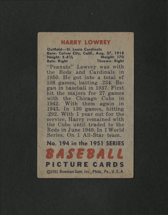 1951 BOWMAN CARD 194 HARRY P-NUTS PEANUTS LOWREY AUTOGRAPHED ST. LOUIS ...