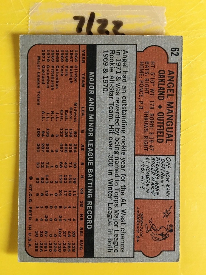 1972 Topps Baseball Card #62, Angel Mangual All-Star Rookie - Oakland A ...