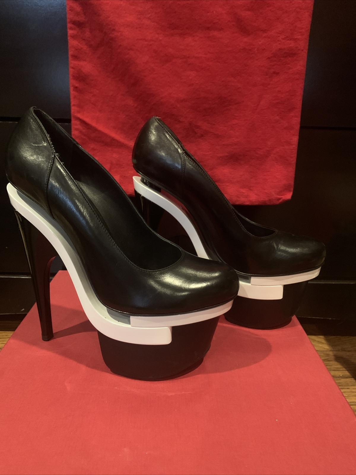 Versace Triple Platform Black/white Leather Stilettos… - Gem