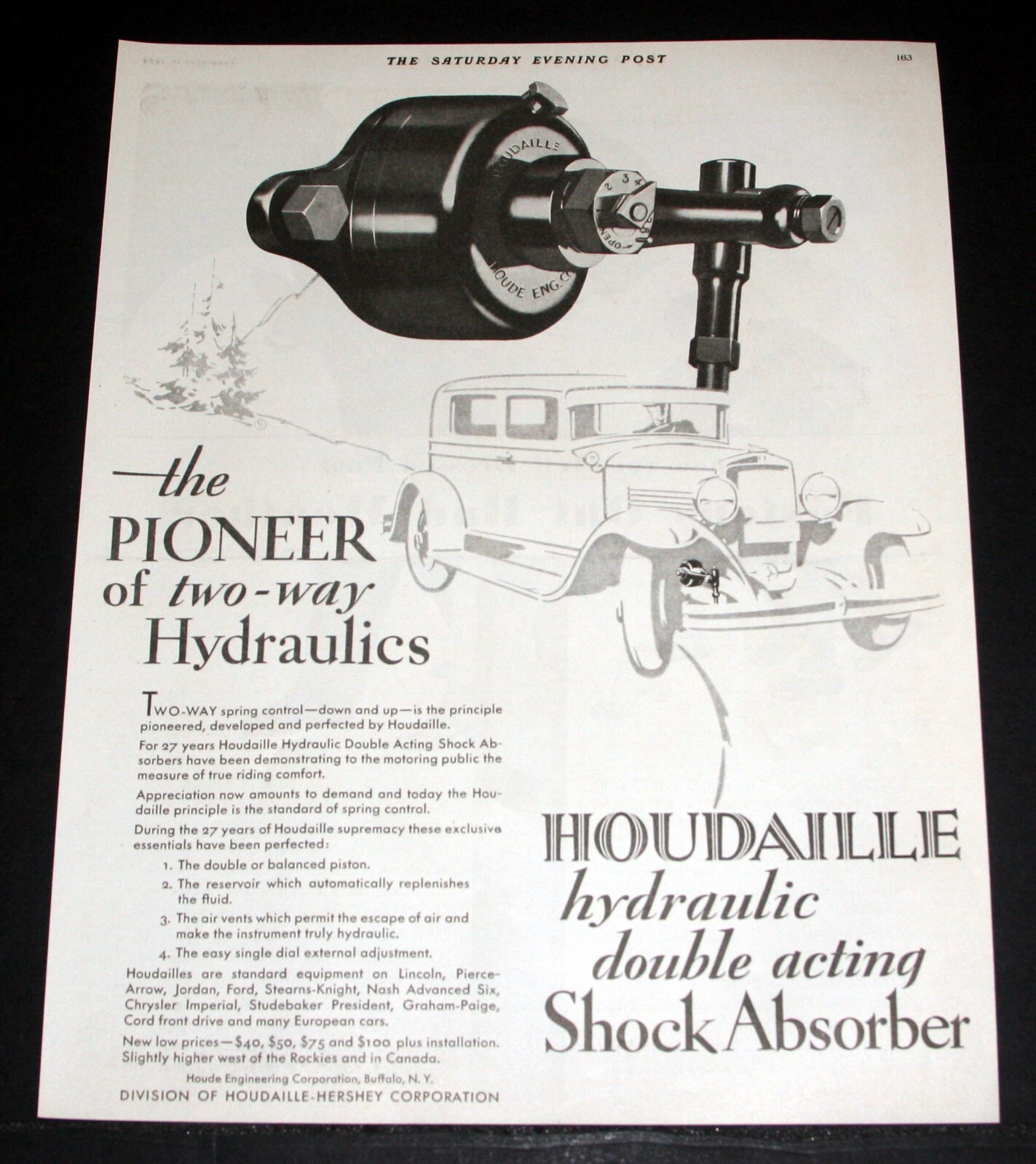 1929 OLD MAGAZINE PRINT AD, HOUDAILLE HYDRAULIC DOUBLE ACTING SHOCK ...