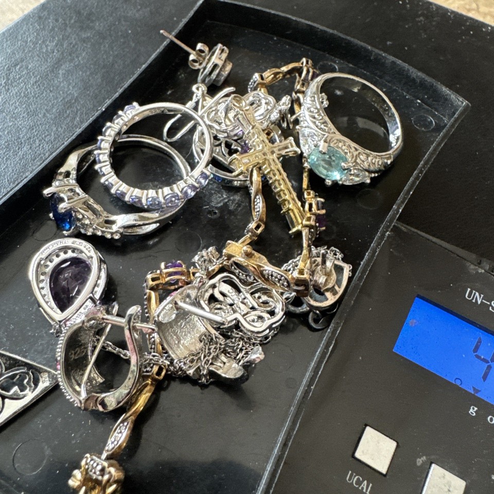 43 Grams Sterling Silver Lot .925 Grams Rings Necklaces Chains Scrap or ...