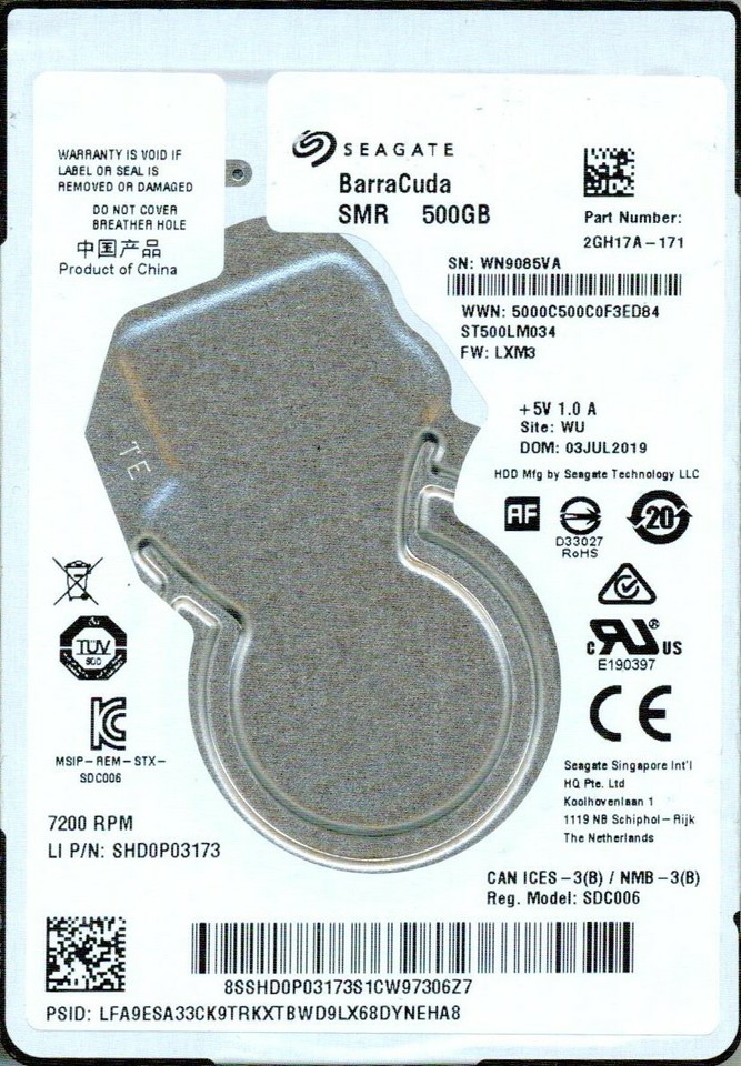 ST500LM034 P/N: 2GH17A-171 F/W: LXM3 WU WN90 SEAGATE SATA 500GB JUL ...