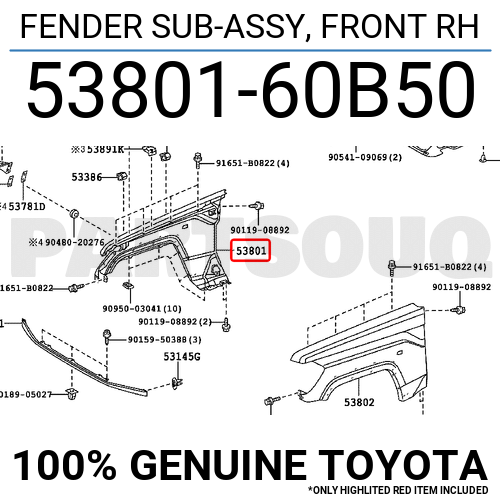 5380160B50 Genuine Toyota FENDER SUB-ASSY, FRONT RH 53801-60B50 | eBay