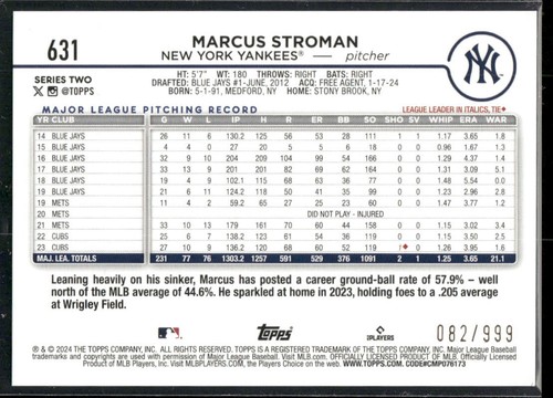 2024 Topps Series 2 - Marcus Stroman #631 Blue Foil /999 for sale ...