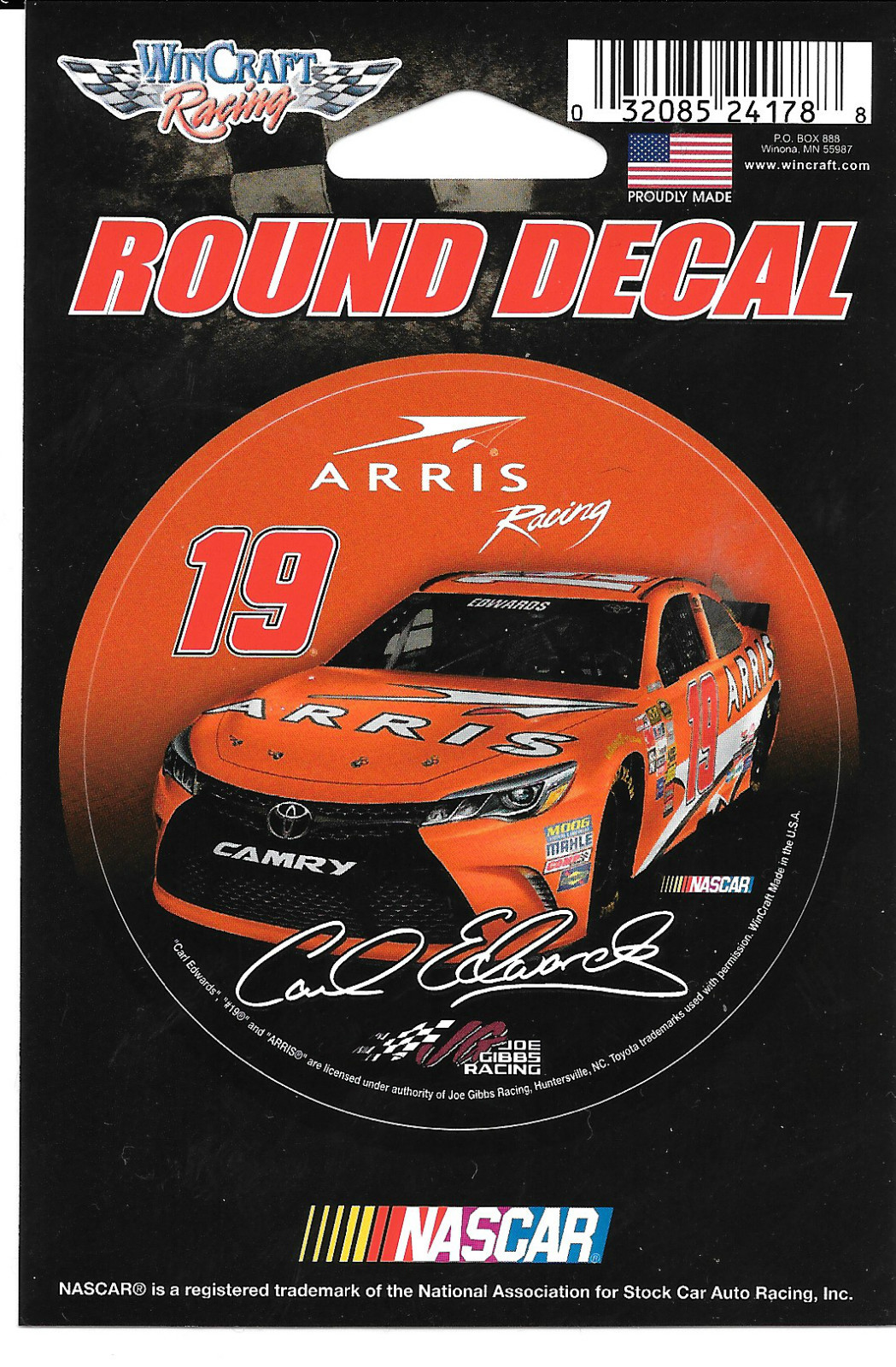 CARL EDWARDS #19 ARRIS RACING 2015 CAR WINCRAFT 3" ROUND DECAL STICKER ...