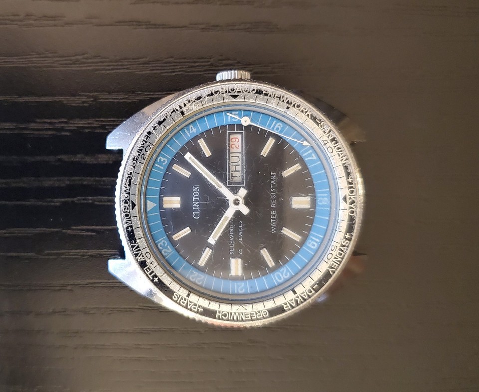 Vintage 1970s Clinton 25J S/S 20ATM World Timer Auto Diver Watch for ...