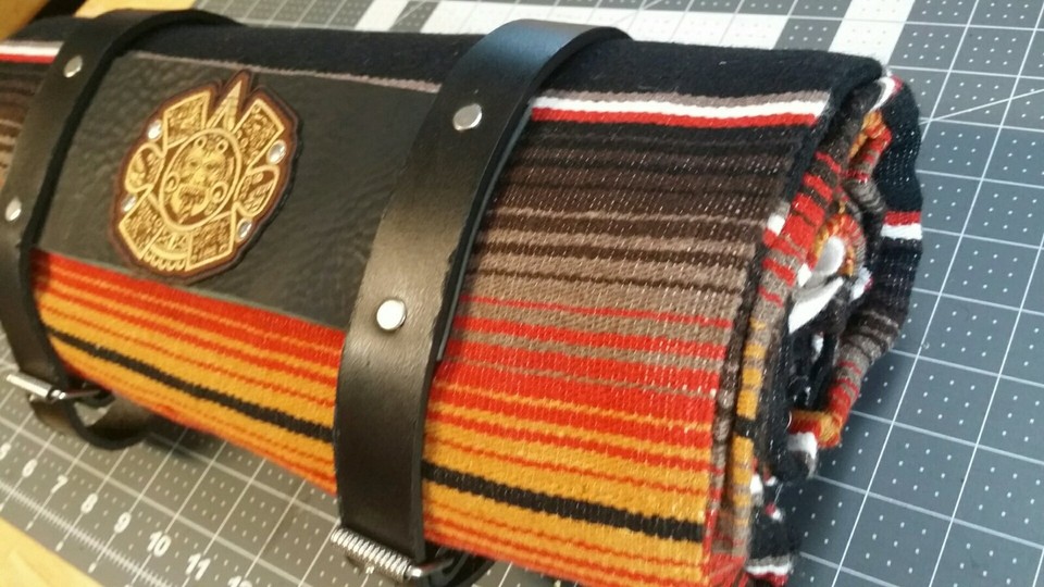 CUSTOM CHICANO BIKER AZTE ROLL UP BLANKET BLACK RUST GOLD TOTE SERAPE ...