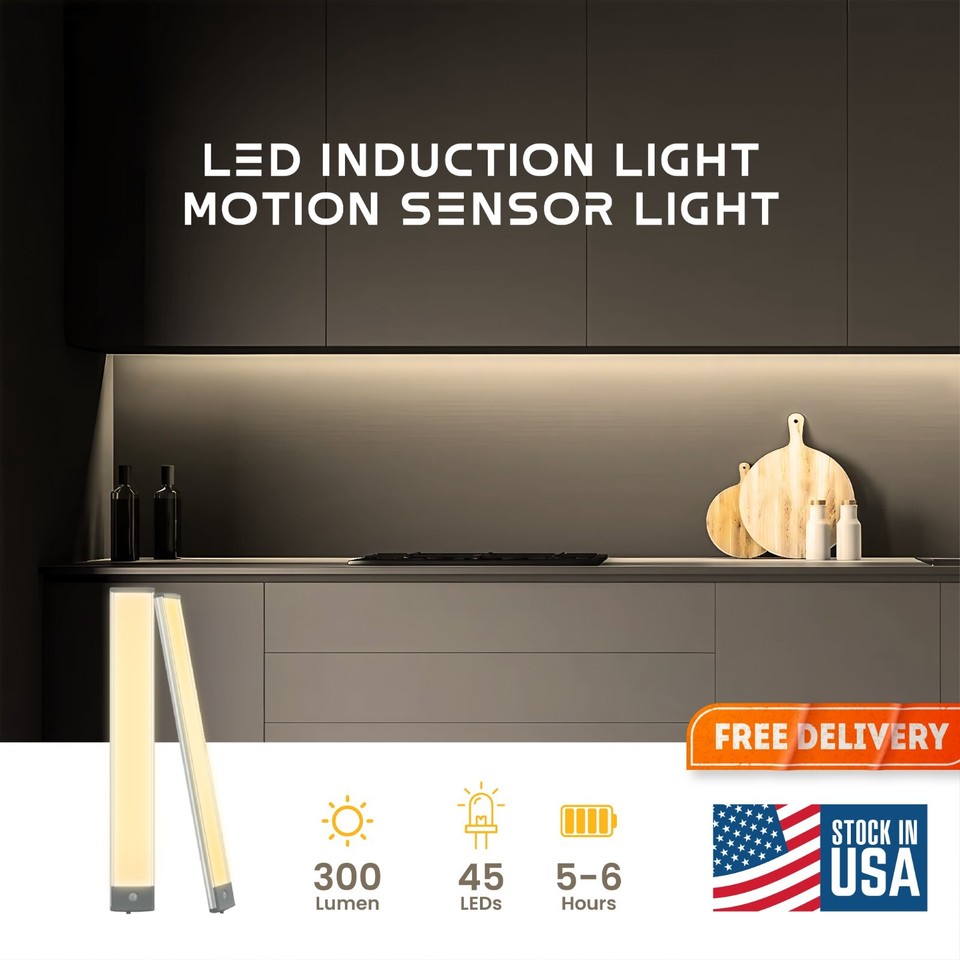 LED Motion Sensor Under Cabinet Closet Light USB Rechargeable Kitchen ...