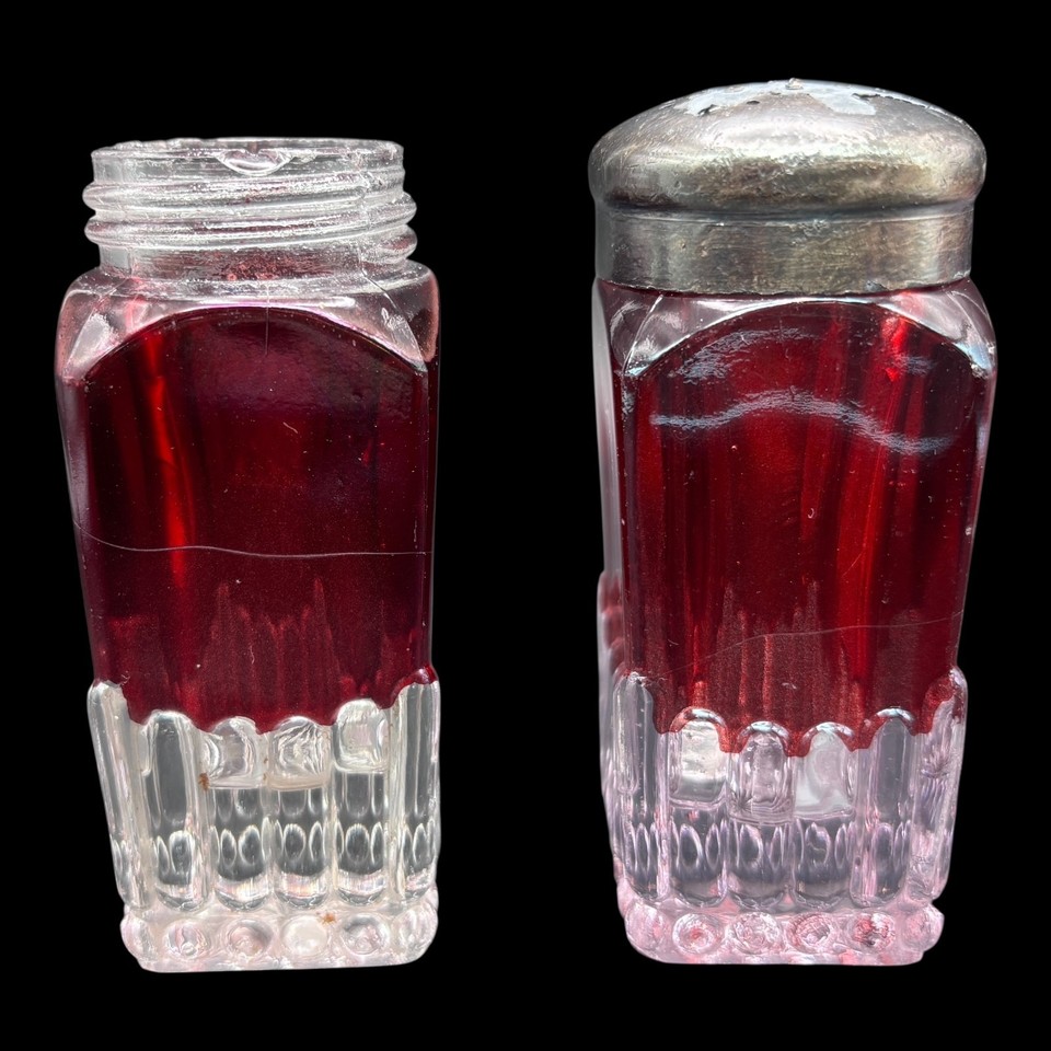 Lot of 6 Vintage EAPG Ruby Red Flash Glass Souvenir Salt Pepper Shaker c. 1904 | eBay