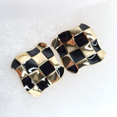 Vintage Retro 80s Check Checker Board Flag Enamel Earrings Goldtone ...