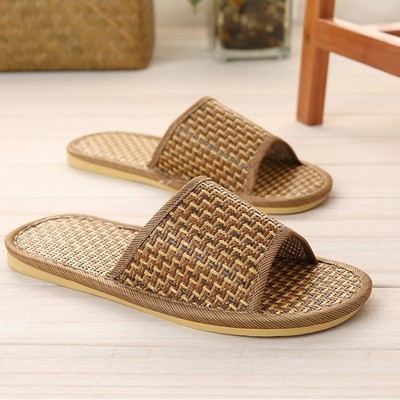 Summer Women Men Rattan Slipper Bamboo Linen Flat Antiskid Home Indoor ...