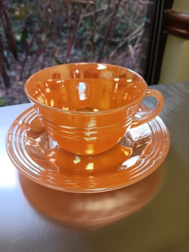 Set of 2 Fire King Tea Cup & Saucer Peach Orange Luster Anchor Hocking ...