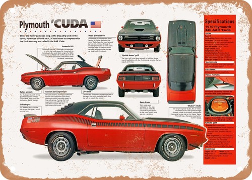 Classic Car Art - 1970 Plymouth AAR 'Cuda Spec Sheet - Rusty Look Metal ...