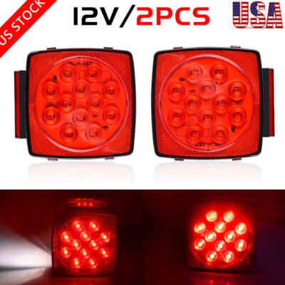1 Pair Rear LED Submersible Square Trailer Tail Lights Kit Boat Truck ...