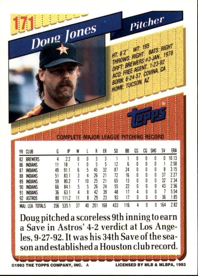 1993 Topps Baseball Doug Jones Houston Astros #171 | eBay