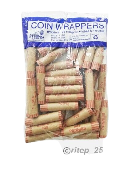 36 ROLLS PREFORMED PENNIES COIN WRAPPERS TUBES 50 CENTS (Holds $0.50 ...
