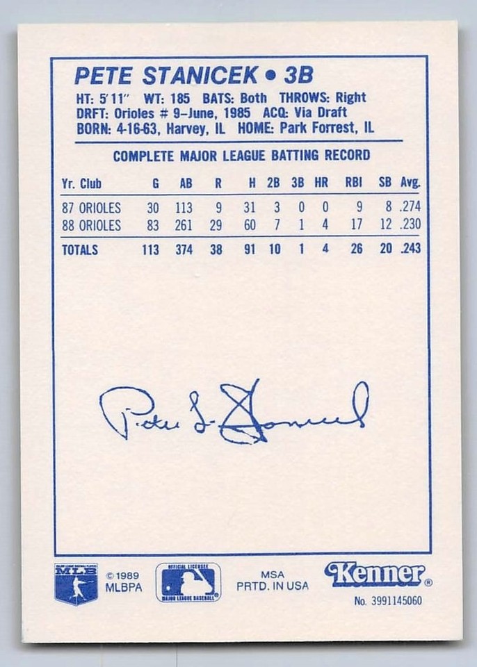 1989 PETE STANICEK - Kenner Starting Lineup Card - BALTIMORE ORIOLES | eBay
