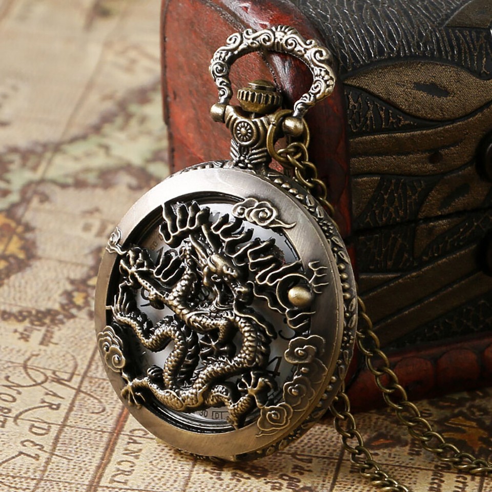 Bronze Antique Chinese Style Dragon Pocket Watch with Necklace Chain ...