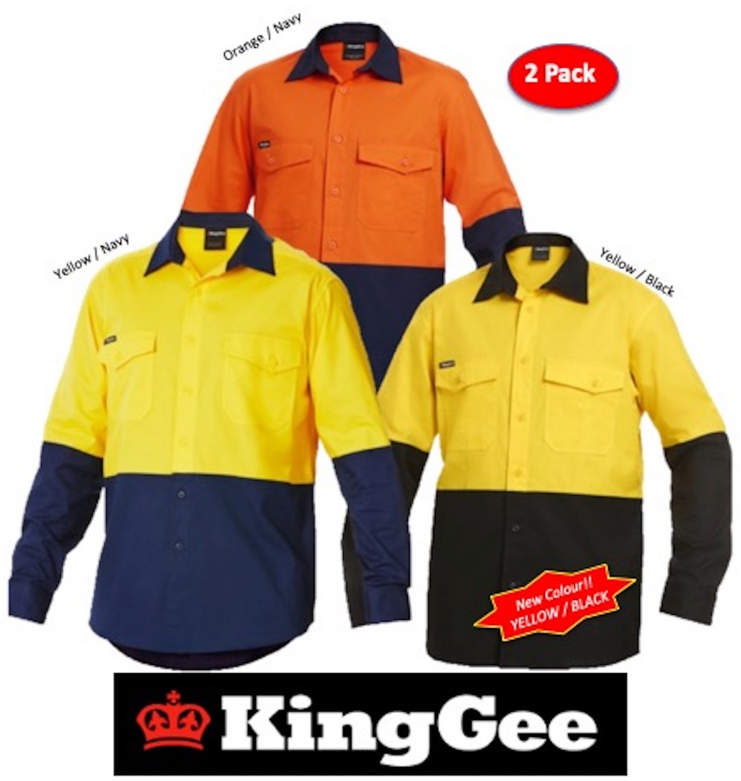 KING GEE - 2 PACK "WORKCOOL 2 RIPSTOP" LONG SLEEVE HI-VIS SPLICED SHIRT ...