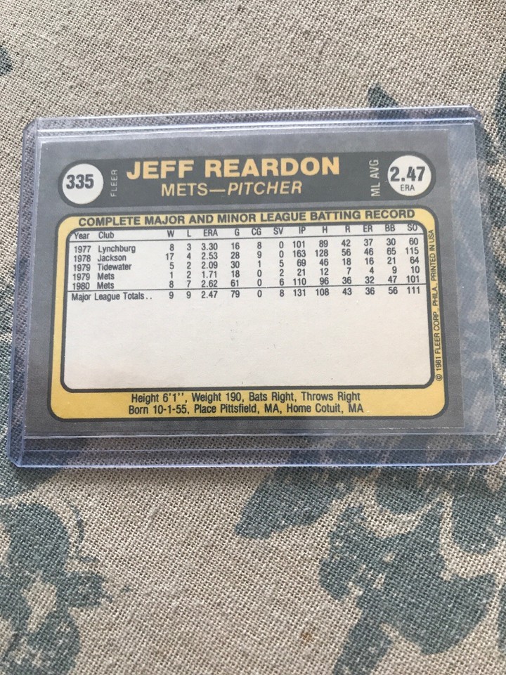 1981 Fleer New York Mets Baseball Card #335 Jeff Reardon Rookie | eBay