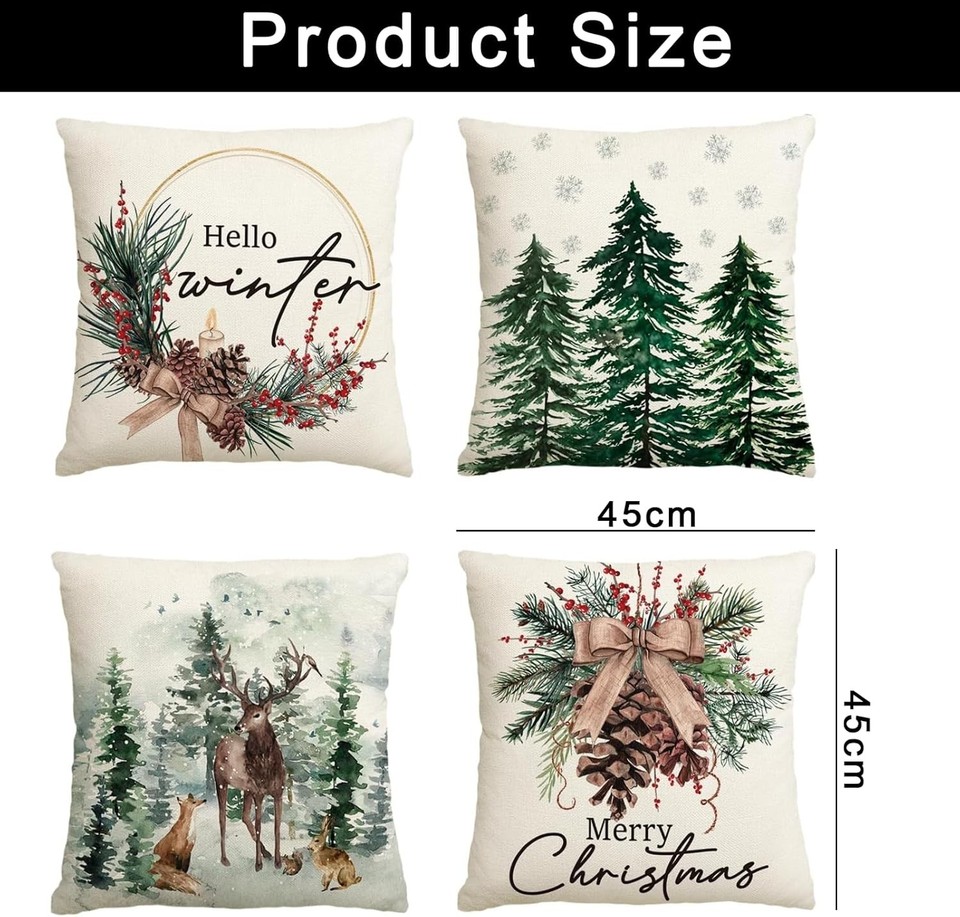 Pine Trees Reindeer Christmas Cushion Covers Set 45 x 45 cm Green Pine ...