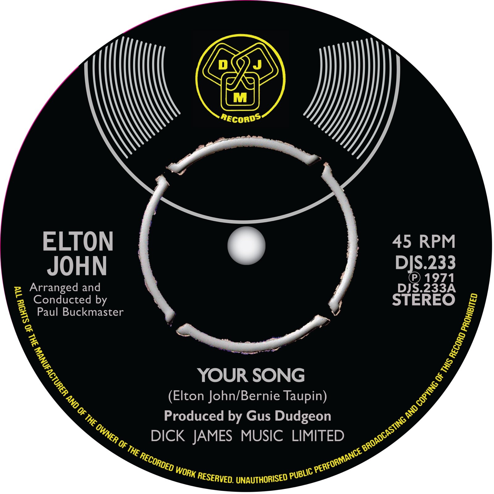 Elton John. Repro record label stickers. Your Song. Bennie & The Jets ...