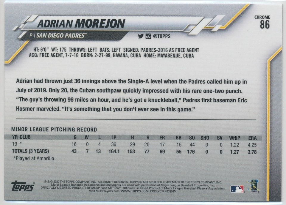 Adrian Morejon - San Diego Padres - 2020 Topps Chrome Baseball - RC ...