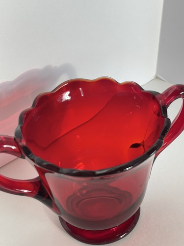 VTG Ruby Red Glass Open Sugar / Spooner Scalloped Rim Edge Footed Rare ...
