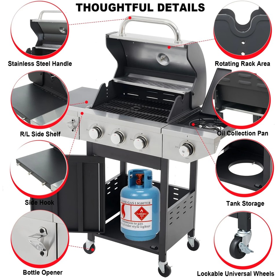 Powerful Gas Grill with Side Burner, 37,000BTU 3 Burner Propane Grill w ...