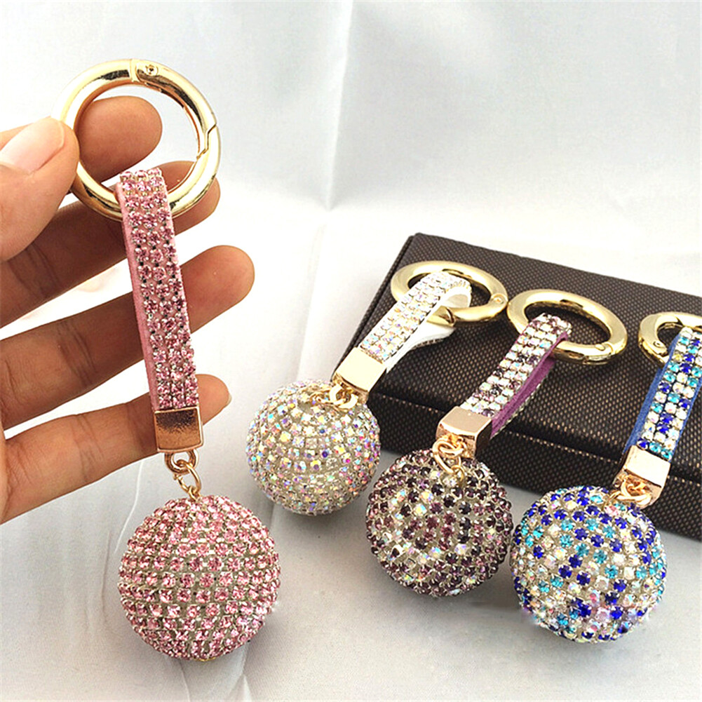 Women Key Ring Rhinestone Leather Strap Crystal Ball Car Keychain ...