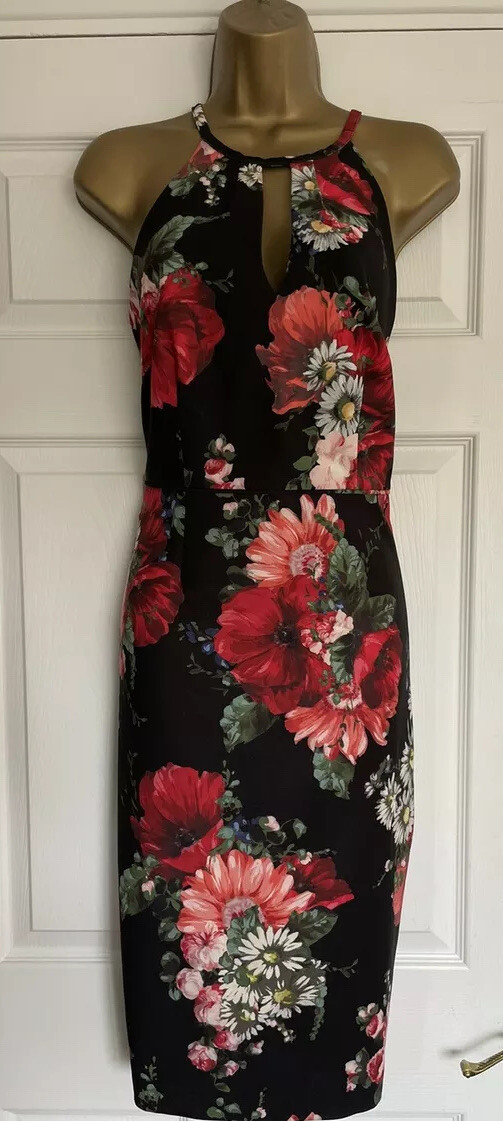 MONSOON BLACK RED FLORAL HALTER NECK PENCIL OCCASION … - Gem