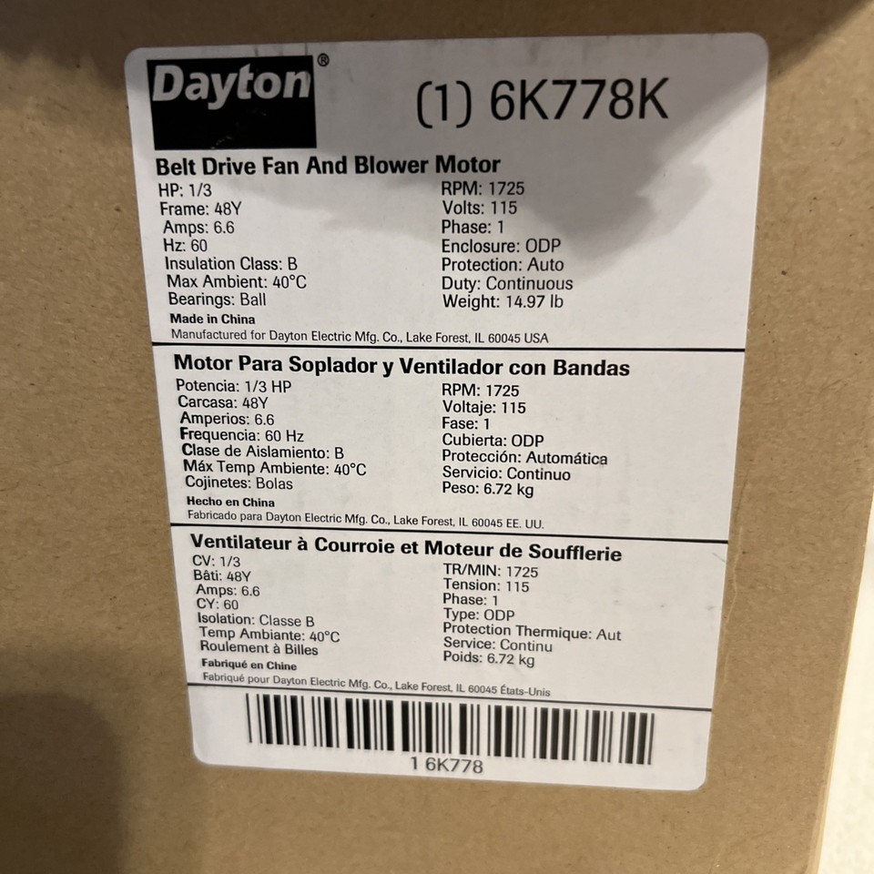 Dayton Electric Motor 1/3 HP Model 6K778K 115Volt | eBay