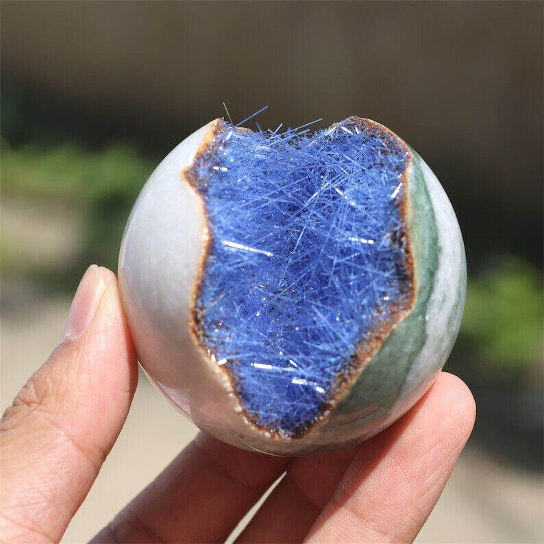 1pc Natural Blue Needle Ironstone Carved Sphere Open Mouth Crystal Ball ...