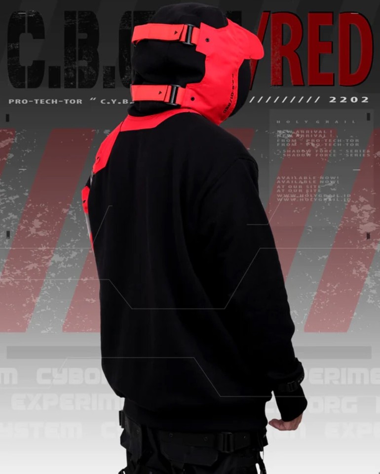 Men's Techwear Red Jacket Rugged fleece Pullover Hoodie Holygrail C.B.G ...