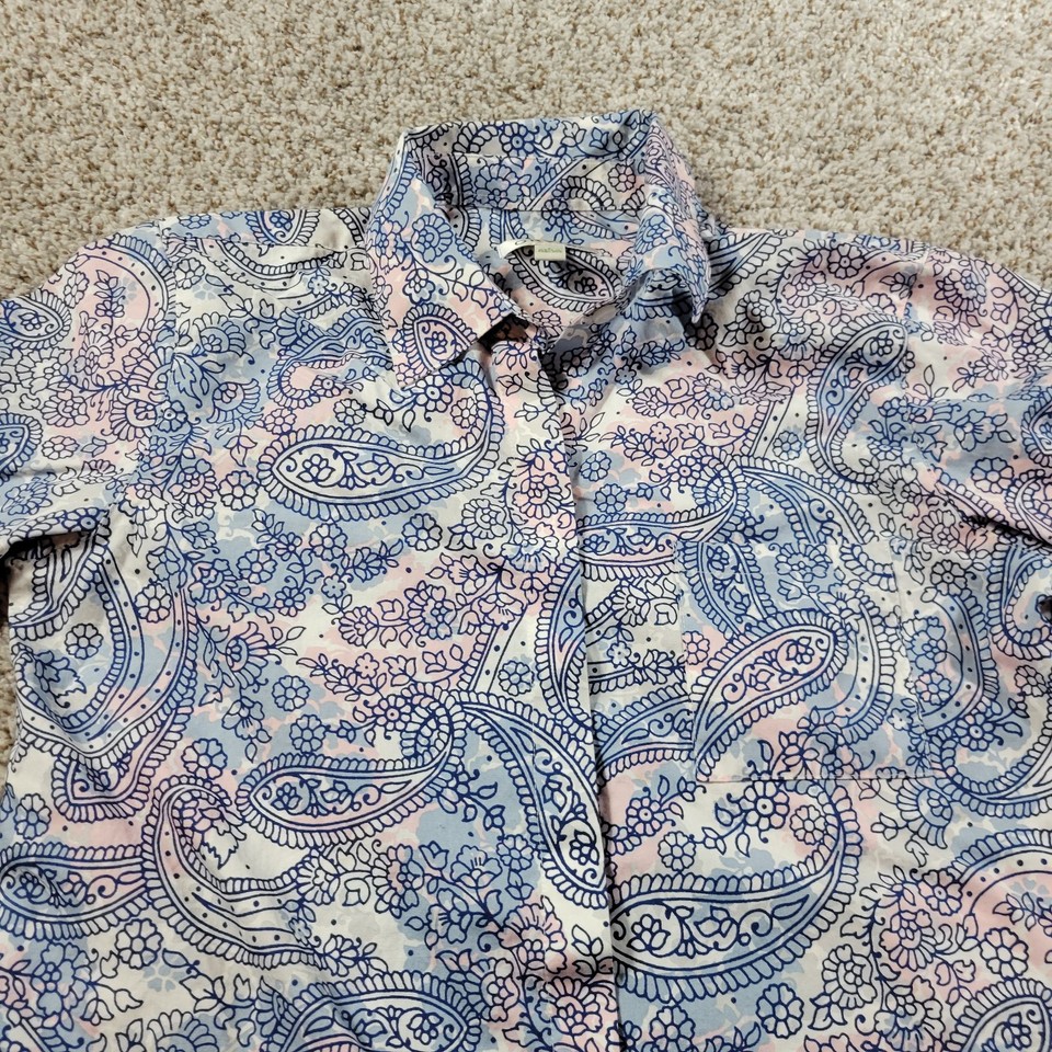 Orvis Shirt Womens 6 Blue Pink Floral Button Up Top Blouse Collared ...