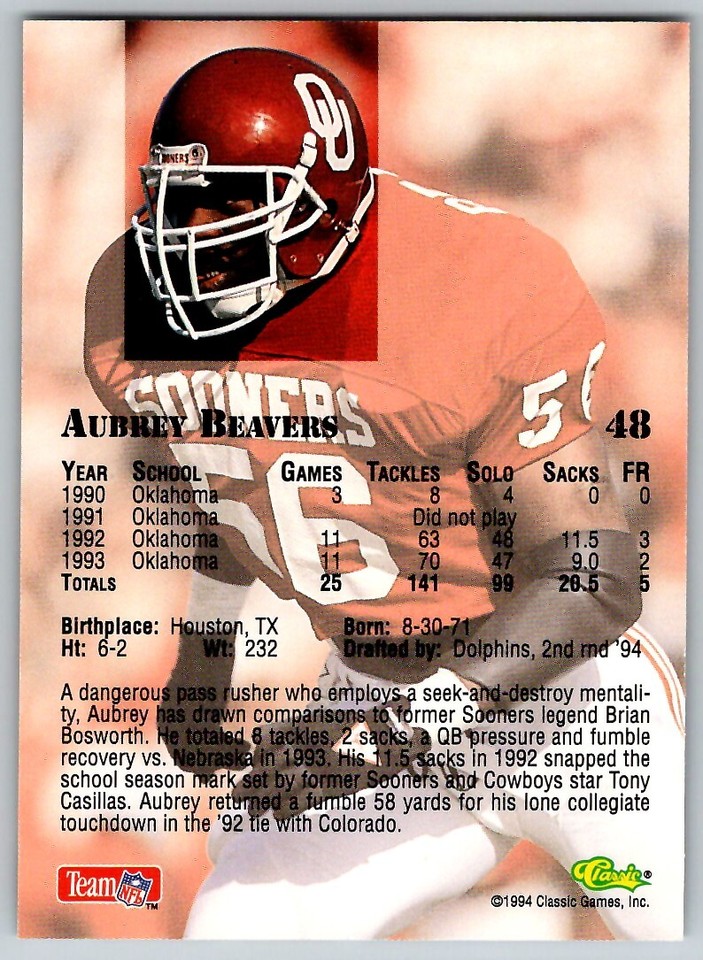 1994 CLASSIC NFL DRAFT AUBREY BEAVERS MIAMI DOLPHINS #48 | eBay