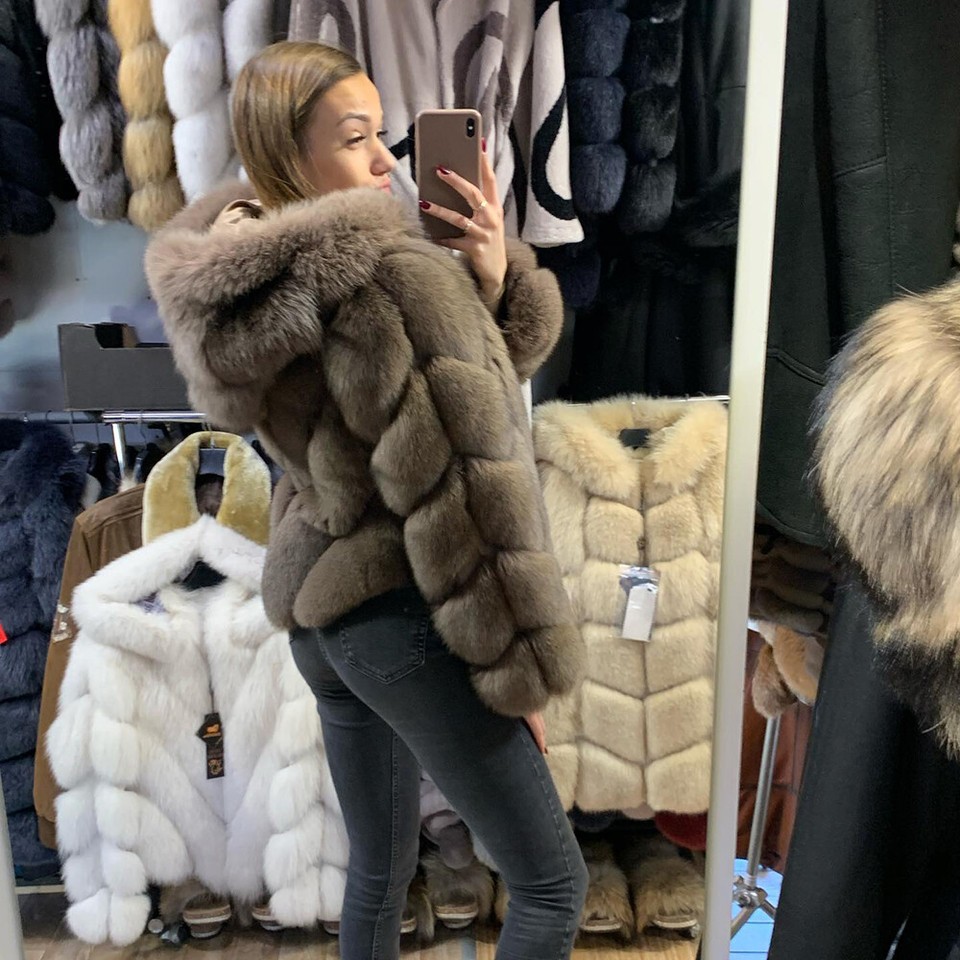 Trendy Women Natural Fox Fur Jackets With Hood Winter Real Fur Coat ...